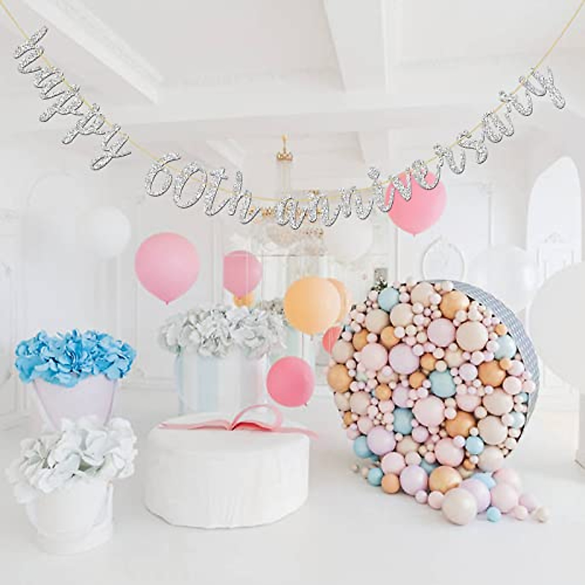 INNORU Glitter Silver Happy 60th Anniversary Banner - Sixty Sign - 60th Birthday Banner - 60th Wedding Anniversary Party Bunting Decoration