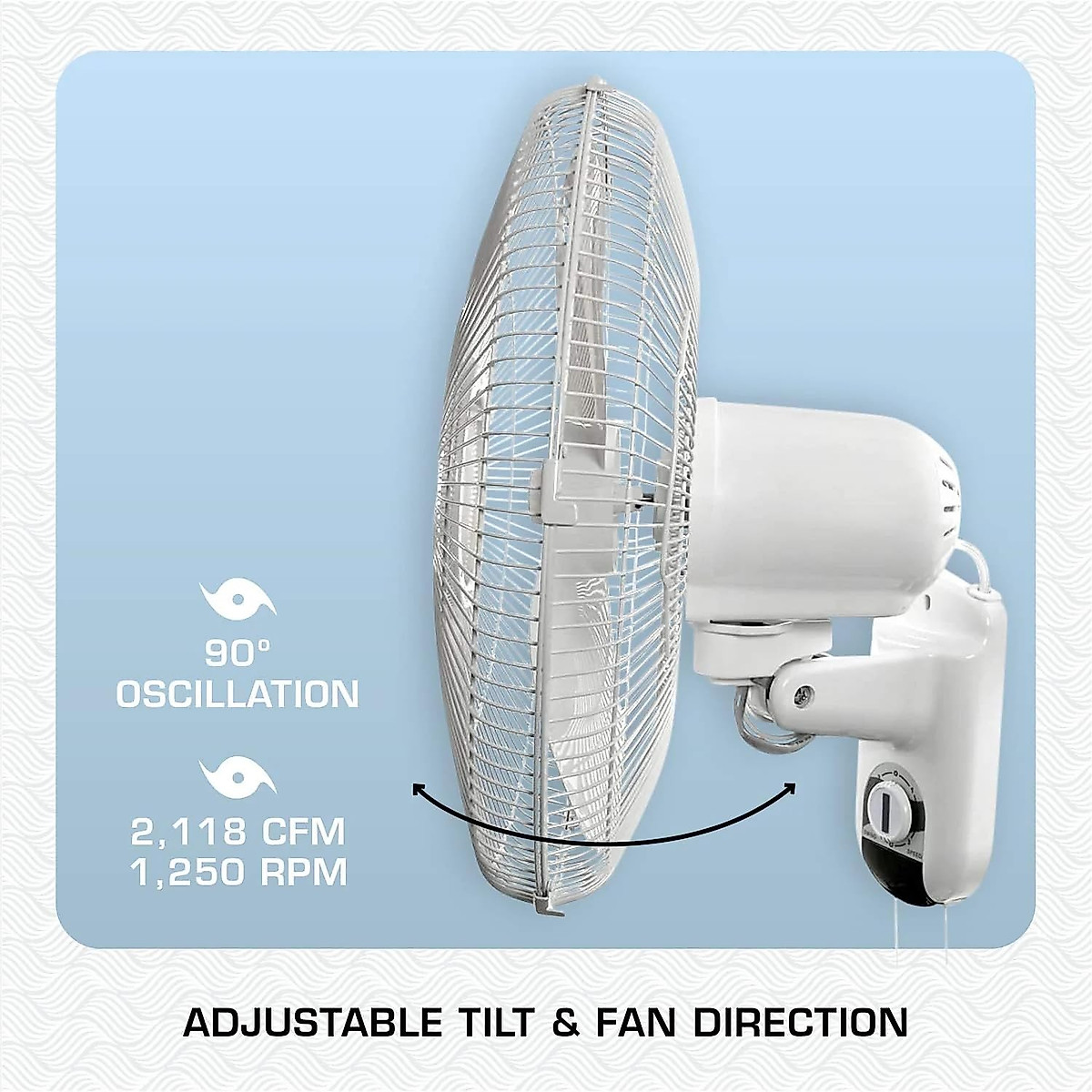 Hurricane Wall-Mount Fan, Quiet 90-Degree Oscillating Fan with 3 Speeds, 16" Classic