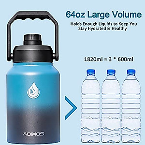 Insulated Water Bottle 64 oz with Handle, Adimos Half Gallon Vacuum Stainless Steel Sports Water Jug Flask Keep Hot and Cold, Leak Proof Wide Mouth BPA-free Double Walled Thermos Mug, Indigo Black