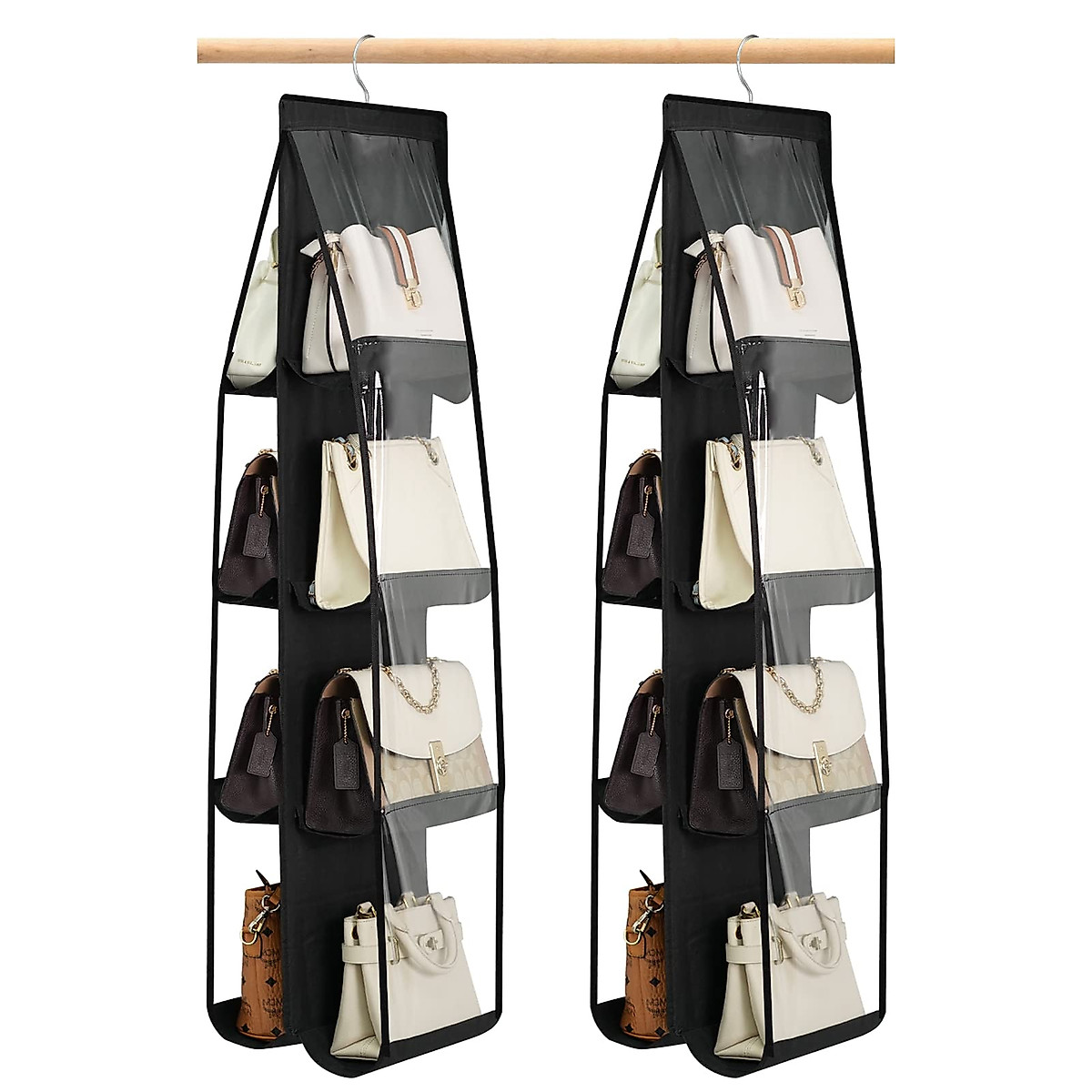 EsLuker.ly 2Pcs Hanging Purse Bag Organizers with 8 Large Easy Access Pockets, Premium Clear Handbag Storage Holder Space Saving Organizer System for Closet Wardrobe (Black)
