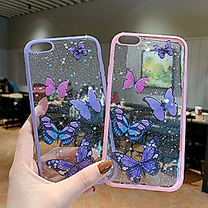 wzjgzdly Butterfly Bling Clear Case Compatible for iPhone 6s Plus, iPhone 6 Plus, Glitter Case for Women Cute Slim Soft Slip Resistant Protective Phone Cover 5.5 inch - Purple