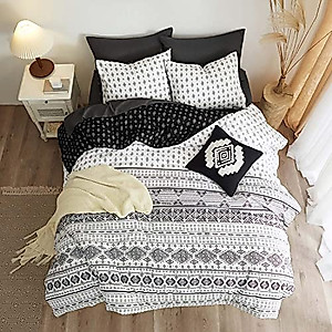 Geniospin Boho Queen Comforter Set, Boho Bed in a Bag 8-Pieces Bedding Set, Reversible Aztec Pattern, Design with Soft Microfiber, Lightweight, Warm and Breathable (White and Black, 90x90 Inches)