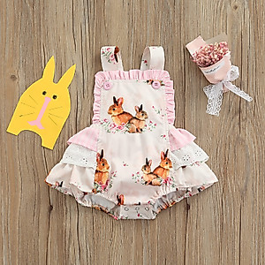 BOIBOKOKO Infant Baby Girl Easter Outfits Sleeveless Bunny Floral Print Romper Ruffle Halter Jumpsuit Bodysuit Easter Clothing (1#Beige, 0-6 Months)