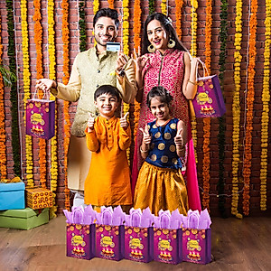 Qilery 18 Pcs Diwali Gift Bags with Tissue Paper Diwali Party Favors Diwali Candy Goody Bags with Handles Indian Diwali Treat Bags for Diwali Party Indian Celebration Supplies Decoration