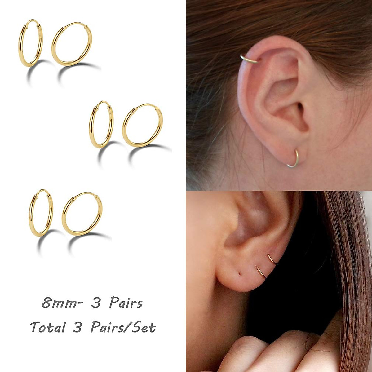 EPIRORA Silver Hoop Earrings- Cartilage Endless Small Hoop Earrings Set for Women Men, 3 Pairs of Hypoallergenic 925 Sterling Silver Tragus Earrings Nose Lip Rings (3 Pairs(8mm*3)-Gold)