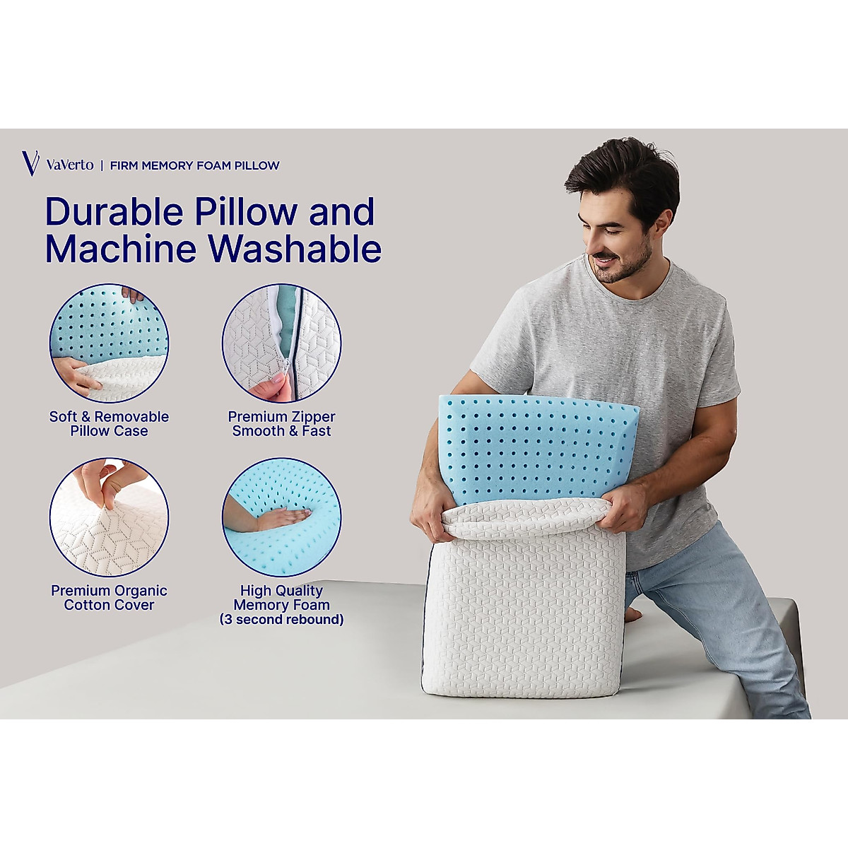 Vaverto Gel Memory Foam Pillow - Queen Size - Ventilated, Premium Bed Pillow with Washable and Bamboo Pillow Cover, Cooling, Orthopedic Sleeping, Side and Back Sleepers - College Dorm Room Essentials