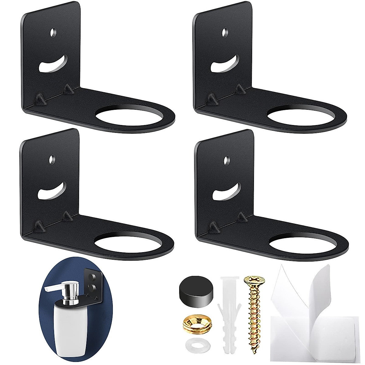 TRINENOX Non-Drilling Adhesive Shower Gel Bottle Rack, Soap Bottle Dispenser Holder Wall Mount, Hand Pump Bottles Dispenser Stand Hanging Rack Shampoo Standing Shelf Storage Holder Bracket(4 Black L)