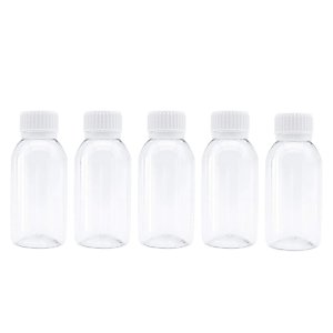 TRENDBOX Pack of 5-100ml Clear Empty PET Mini Storage 100ml/100g/100cc Bottles Hard Plastic Durable Turn Screw Cover Cap Round Filling Liquid Rhinestones Water Container