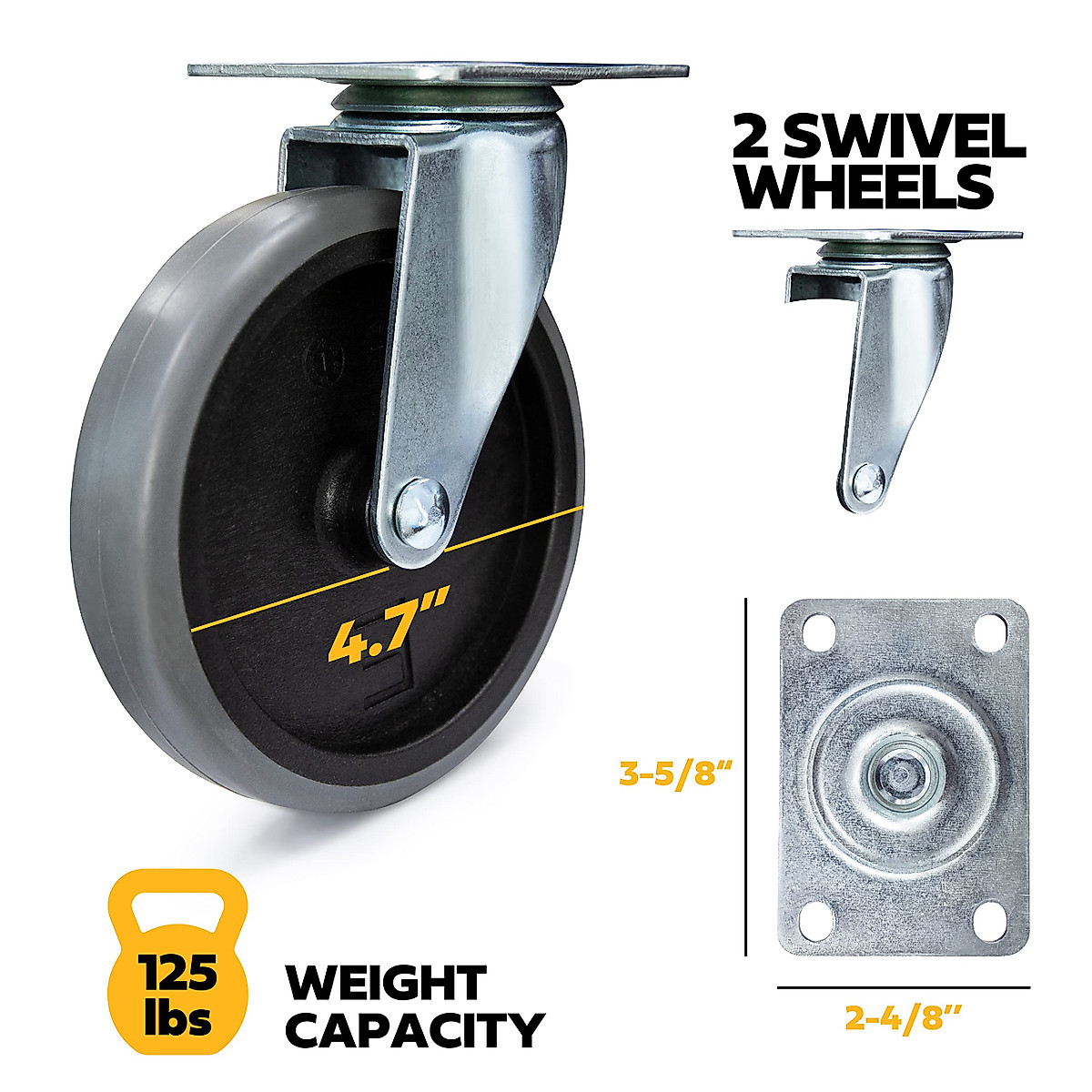 Olympia Tools Utility Cart Replacement Casters - Heavy Duty Casters, 4.7 Inch, Pack of 4 with 2 Rigid, 2 Swivel Casters, 87-884