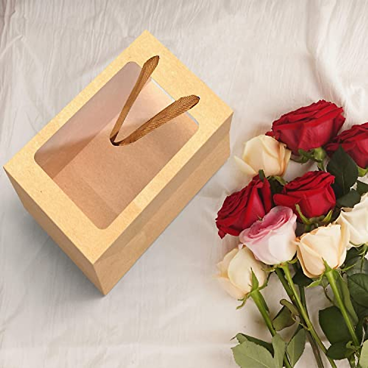 12 Pcs Brown Paper Gift Bags with Transparent Window, 9.84"x7.0"x5.12" Kraft Shopping Bags with Handles for Present, Festivals Party