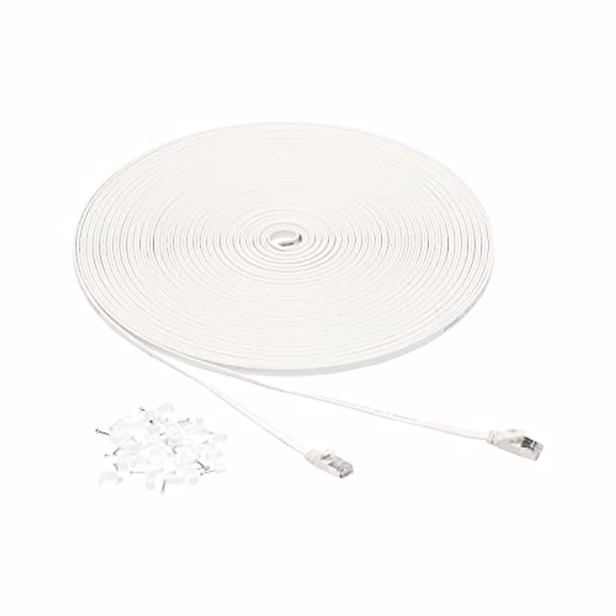 Amazon Basics RJ45 Cat 7 Ethernet Patch Cable, Flat, 600MHz, Snagless, Includes 25 Nails For Printer, 100 Foot, White