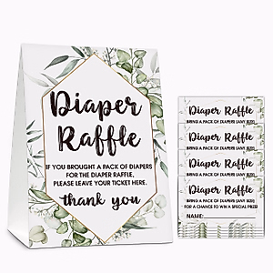 Diaper Raffle Baby Shower Game Set(1 Standing Sign + 50 Guessing Cards), Greenery Diaper Raffle Tickets for Baby Shower, Gold Foil Baby Shower Party Favor Decor - A12