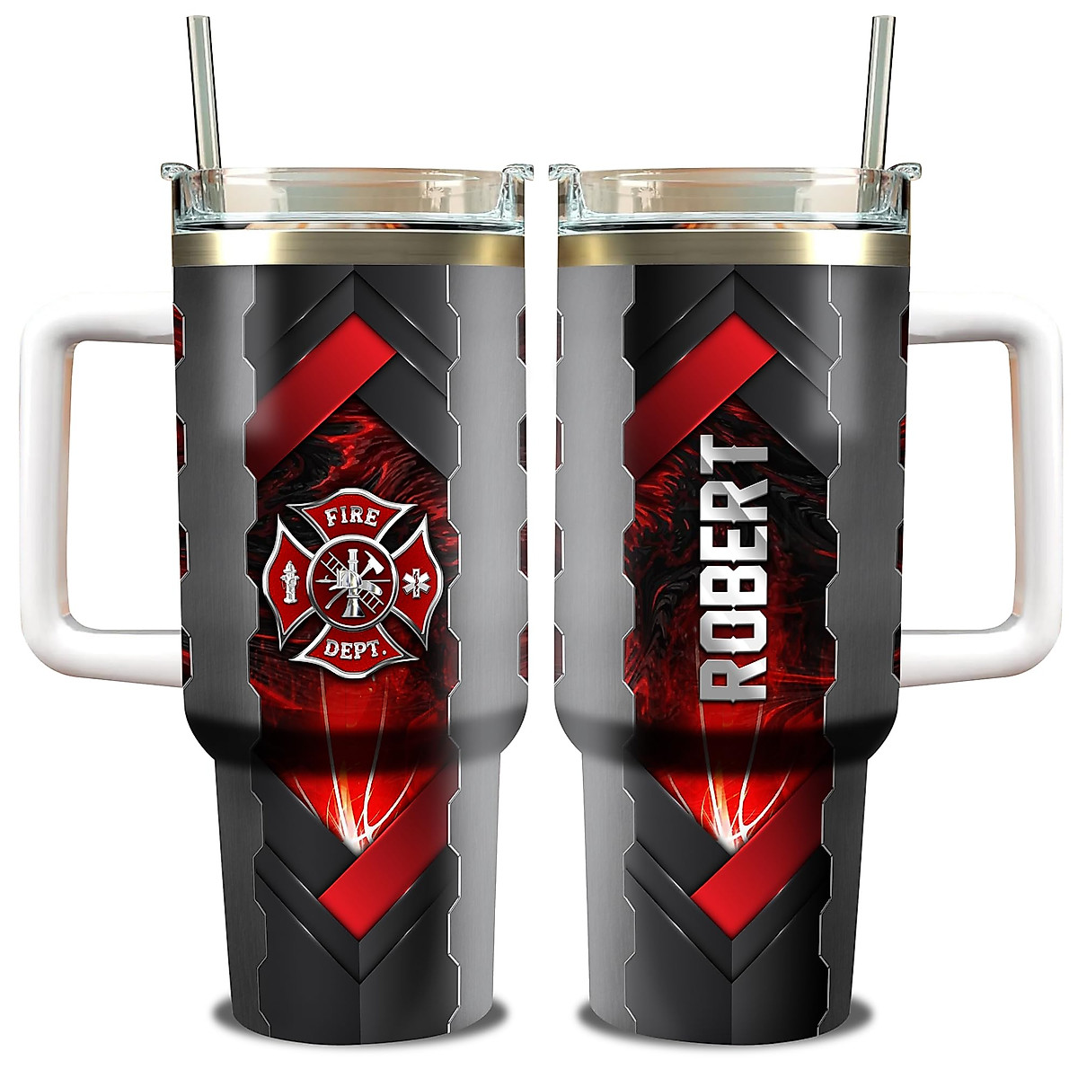 WAZONE Personalized Firefighter 40oz Tumbler with Handle Lid and Straw Custom Name Fireman Stainless Steel Insulated Cup Travel Mug Birthday Christmas Firefighters Fire Fighter Gift For Men Dad