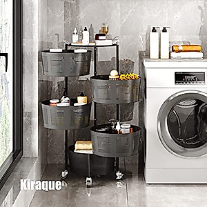 Kitchen Storage Rack with Wheels Round Standing Rack for Livingroom Rotating Organizer Household Storage Shelf Black 5F