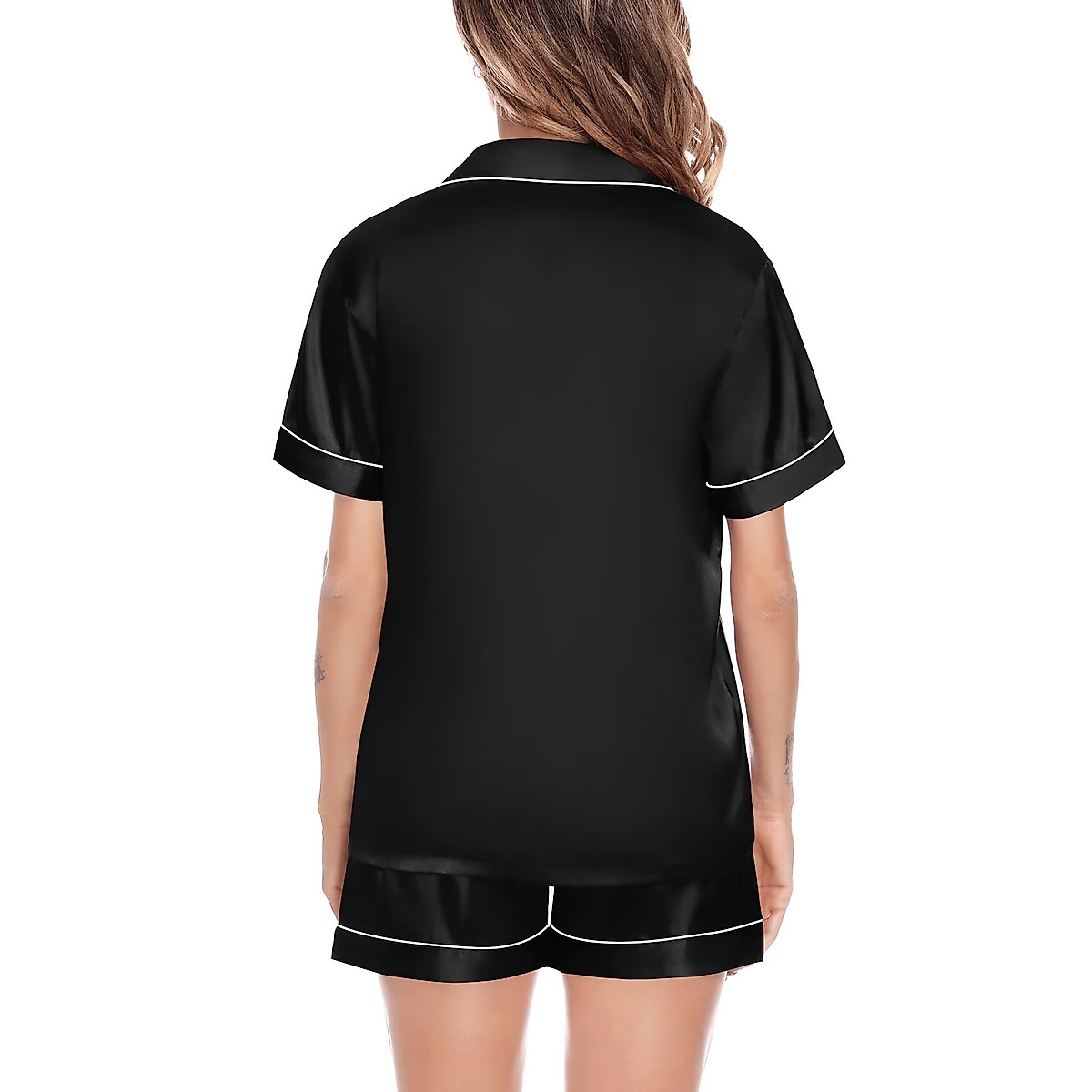 SWOMOG Satin Matching Pajamas Sets Couple Silk Button Down Nightwear Women & Men Short Sleeve Sleepwear 2 Pieces Loungewear Black