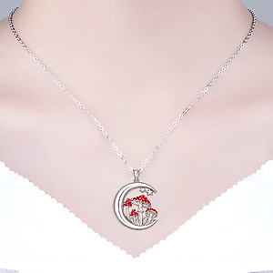 Fenthring Sterling Silver Mushroom Necklace Magical Red Mushroom Pendant Moon and Star Moon Necklaces for Women Mushrooms Gifts