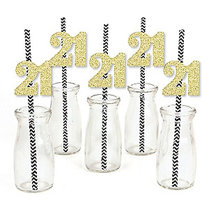Gold Glitter 21 Party Straws - No-Mess Real Gold Glitter Cut-Out Numbers & Decorative 21st Birthday Party Paper Straws - Set of 24