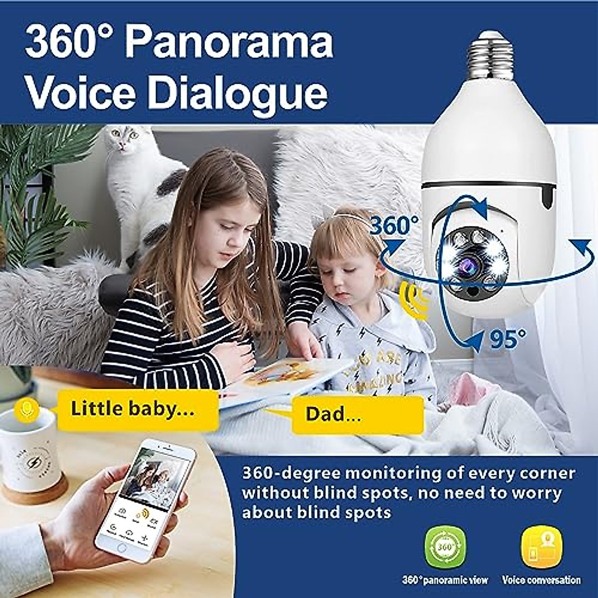 QAMY 3MP Light Bulb Security Camera, 5g WiFi Light Bulb Camera 360 Degree Full Colour Night Vision, Motion Detection, WiFi Panorama Camera Light Bulb Easy to Install, Support for Cloud Services