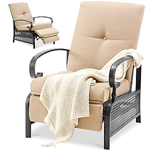 AECOJOY Outdoor Recliner Chair, Patio Outdoor Lounge Chairs with Adjustable Back, Pool Lounge Chairs with Beige Olefin Cushions (Removable)