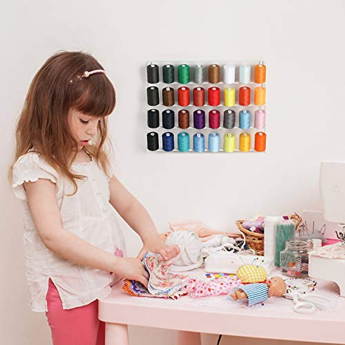 HAITARL 4 Set of Sewing Thread Organizer,Wall-Mounted Metal Thread Rack,32-Spool Thread Holder with Hanging Hooks for Organizing Threads,White