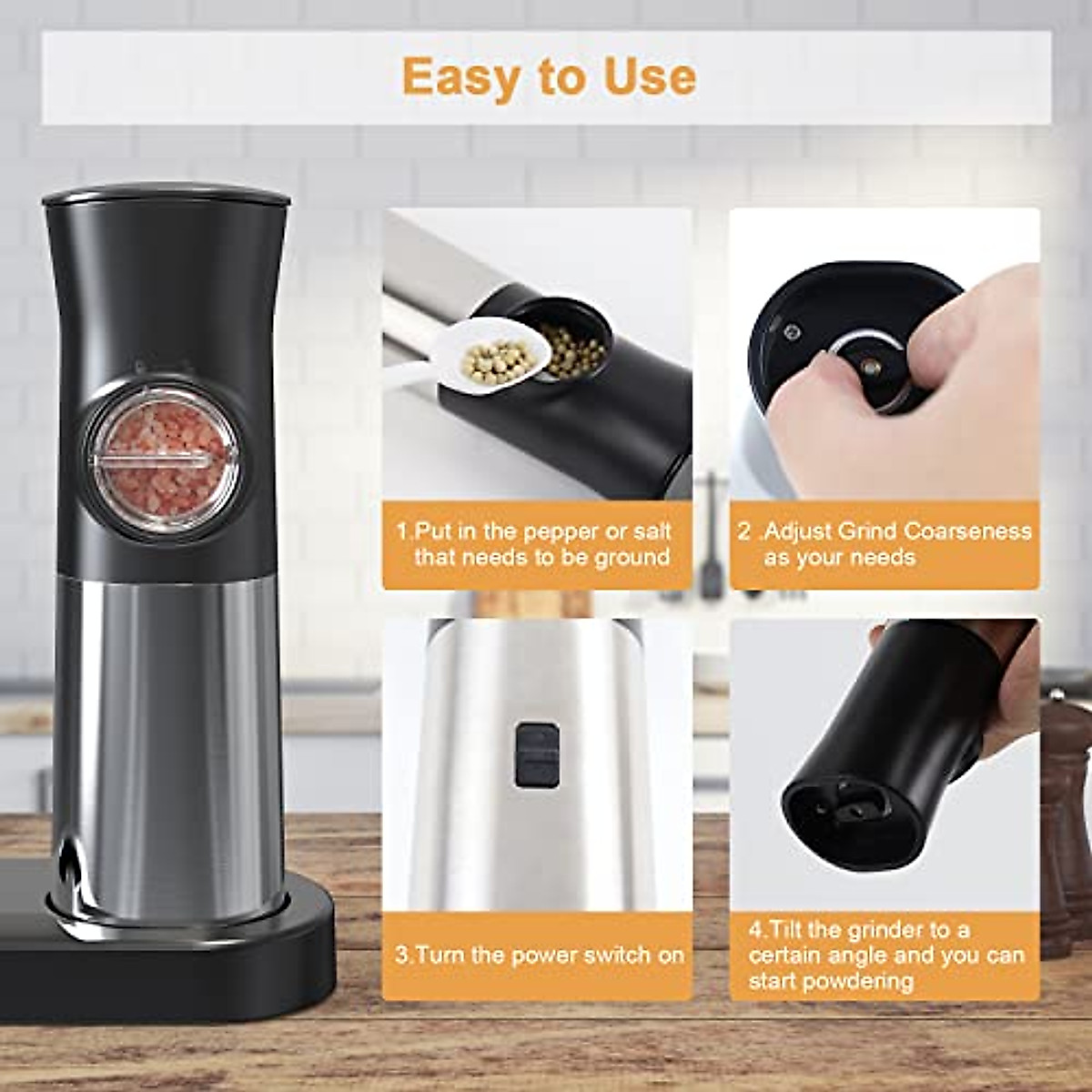 Electric Salt and Pepper Grinder Set,Gravity Automatic Salt & Pepper Grinder with Dual Charging Base，Adjustable Coarseness Mills salt grinder, White LED Light, Dust Cap, One Hand Operation，2 Pack