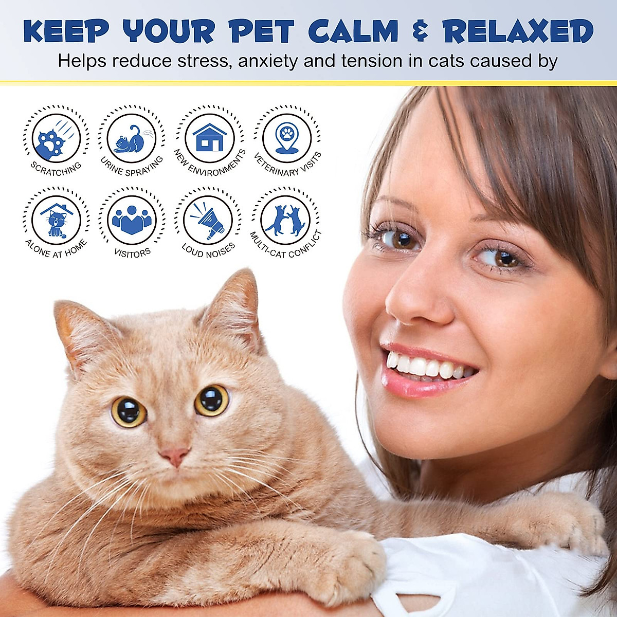 Calming Diffuser for Cat, 2 Pack Cat Calming Starter Kit, Plug-in Cat Pheromone Diffuser, Cat Calming Diffuser Kit for Cat Anxiety Relief, Spraying & Scratching(2x48ml Refills)