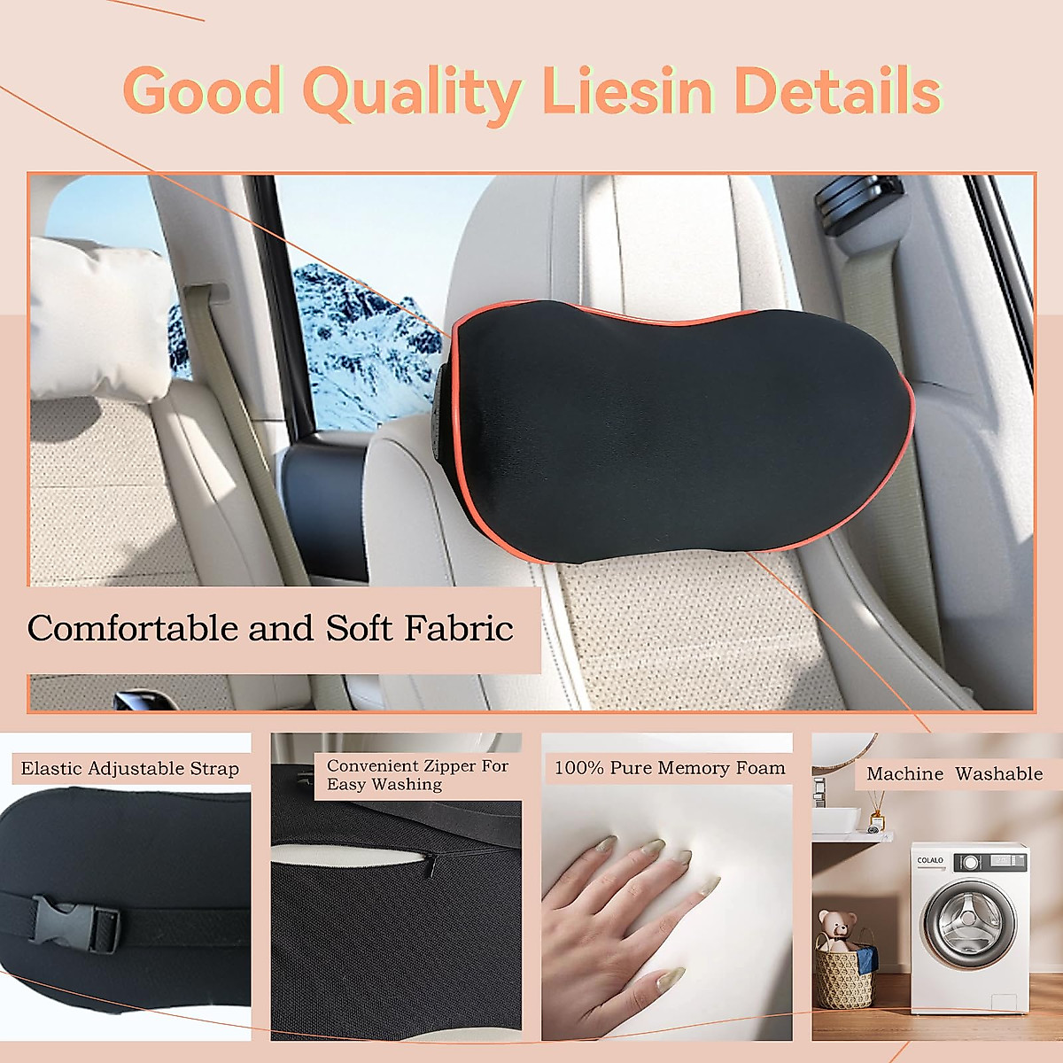 SPRFUFLY Really Comfy Car Headrest Pillow, Car Pillow for Driving with Adjustable Strap, Space Memory Foam Neck Pillow, Breathable Removable Cover - Travel Neck Pillow(Lightorange Side Rope)