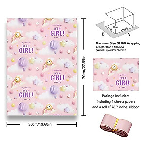 Apol Baby Shower Wrapping Paper,It's a Girl Gift Wrapping Paper Pink New Baby Wrapping Paper 4 Sheet Princess Lovely Paper with Pink Ribbon for Gender Reveal Girl Birthday Wrapping Paper,30x20 Inches