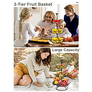 Homlab Fruit Basket for Kitchen-Countertop Detachable Vegetables-Storage 3-Tier Fruit Bowl for Counter Fruit Holder Metal Banana Holder Organizer with Banana Hanger & Reusable Storage Bag(Black)