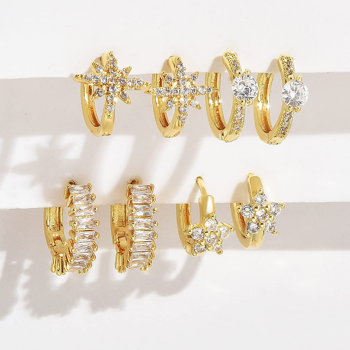 Small Gold Huggie Hoop Earrings Set for Women, Hypoallergenic Twisted Cartilage Hoops Lightweight, Tiny Diamond Hoop Earrings Jewelry for Multiple Piercing (4pairs,star)