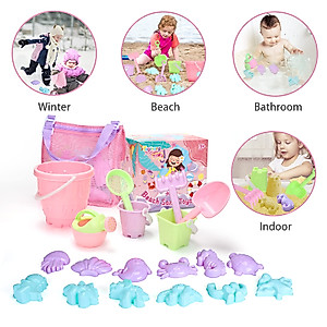 Tagitary Beach Sand Toys Set for Kids 3-10 with Bucket Watering Can Shovel Rake Sand Molds Beach Shell Bag