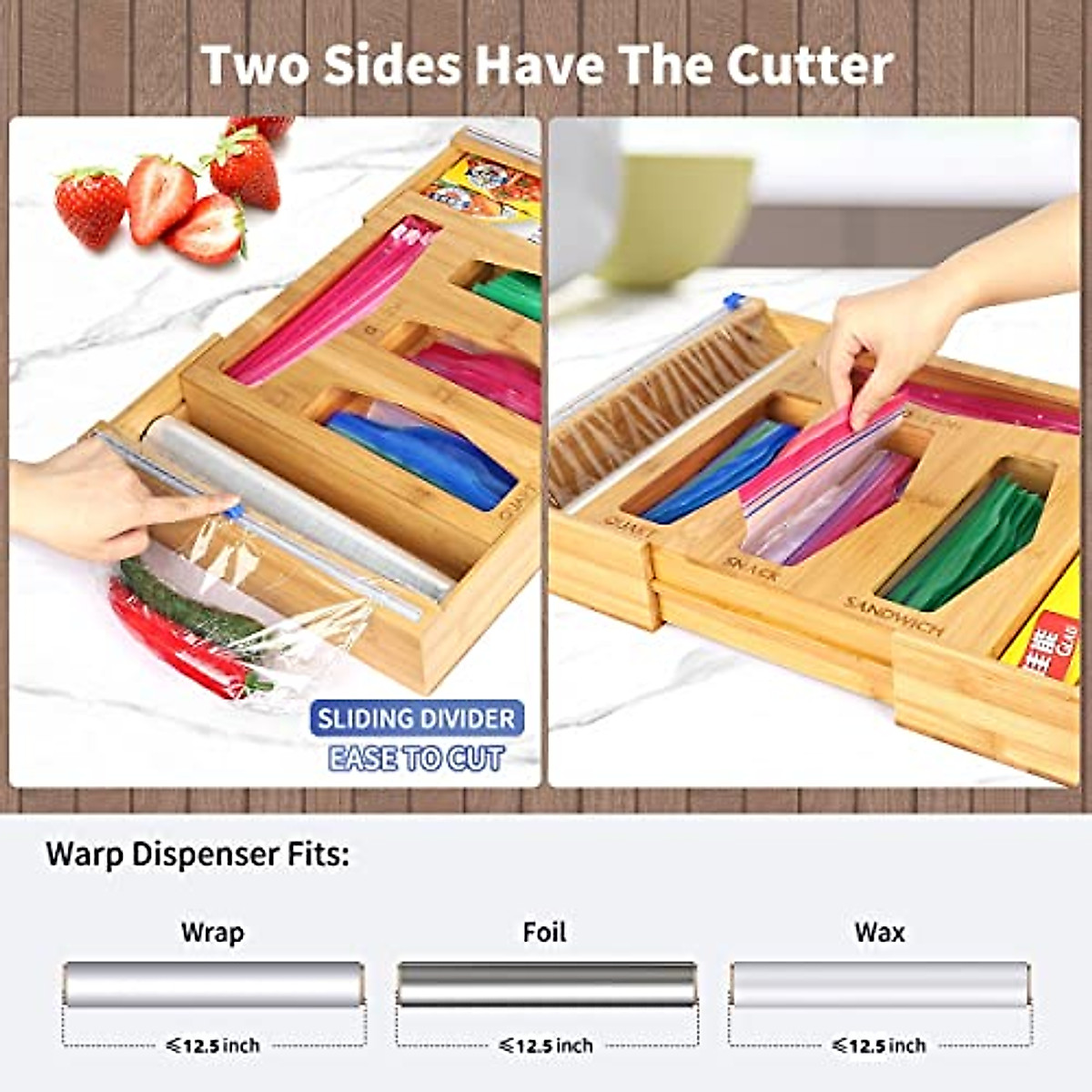 Ziplock Bag Storage Organizer Bamboo - Expandable Foil and Plastic Wrap Dispenser Organizer with Cutter, Plastic Bag Baggie Organizer for Drawer Kitchen, Suitable Gallon, Quart, Sandwich, Snack Bag, and 12.5" Aluminum Foil & Wax Paper (Large)