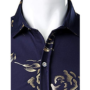 ZEROYAA Men's 3D Golden Rose Printed Slim Fit Long Sleeve Button Down Floral Dress Shirts ZZCL30 Navy Blue Small
