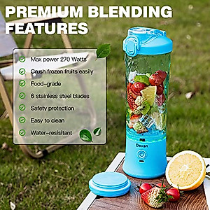 Portable Blender,270 Watt for Shakes and Smoothies Waterproof Blender USB Rechargeable with 20 oz BPA Free Blender Cups with Travel Lid. (Blue)