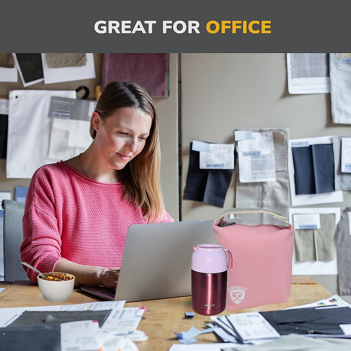 LUNCHALOT Insulated Food Jar for Hot Food in a Bag - 15 & 21 Oz Soup Lunch Box Container for Adults Vacuum Stainless Steel Jar & Foldable Spoons - Pink Wide Mouth Flask for Work Travel