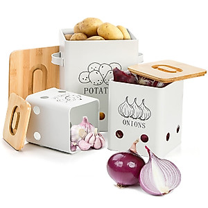 WUWEOT 3 Pack Vegetable Storage Tins, Metal Onion Garlic Potato Jars Set, Kitchen Canisters Vegetable Keeper Containers with Aerating Holes and Wooden Lid
