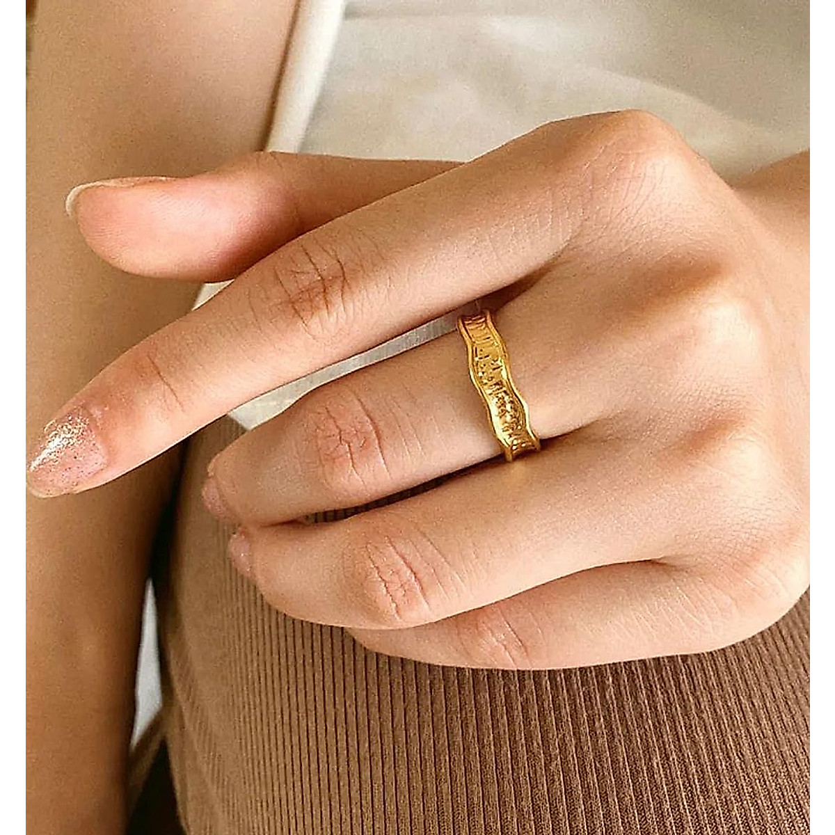 Aobei Pearl 18K Gold Plated Irregular Wave Open Ring for Women Minimalist Band Ring Adjustable Knuckle Finger Jewelry