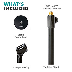 Movo TMC-3 Small Adjustable Table Mic Stand with Round Base and Universal Mic Clip. Table Top Mic Stand Height is Adjustable with Weighted Base Sits on Desk Ideal for Podcast, Livestream, & Interviews