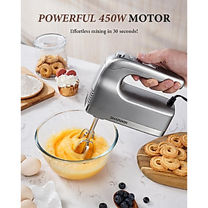 SHARDOR Hand Mixer, 450W Handheld Mixer with Storage Case 5-Speed Plus Turbo Hand Mixer Electric With 5 Stainless Steel Attachments(2 Beaters, 2 Dough Hooks and 1 Whisk), Silver