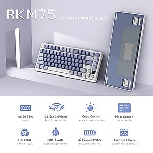 RK ROYAL KLUDGE M75 Mechanical Keyboard with OLED Smart Display and Volume Knob, 2.4G/USB-C/BT Gasket Mounted 75% Layout Wireless Gaming Keyboard with 81 Keys, RGB Backlit Hot-Swappable Brown Switch
