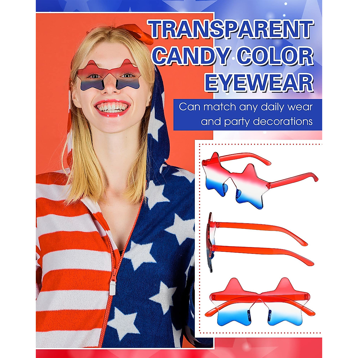 Kanayu 12 Pairs Red White and Blue Star Glasses 4th of July Rimless Sunglasses Pentagram Sunglasses for Independence Day(Red Leg)