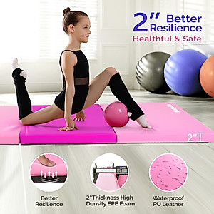 Matladin 6' Folding Tri-fold Gymnastics Gym Exercise Aerobics Mat, 6ft x 2ft x 2in PU Leather Tumbling Mats with Hook & Loop Fastener for Stretching Yoga Cheerleading Martial Arts (Purple&Pink)