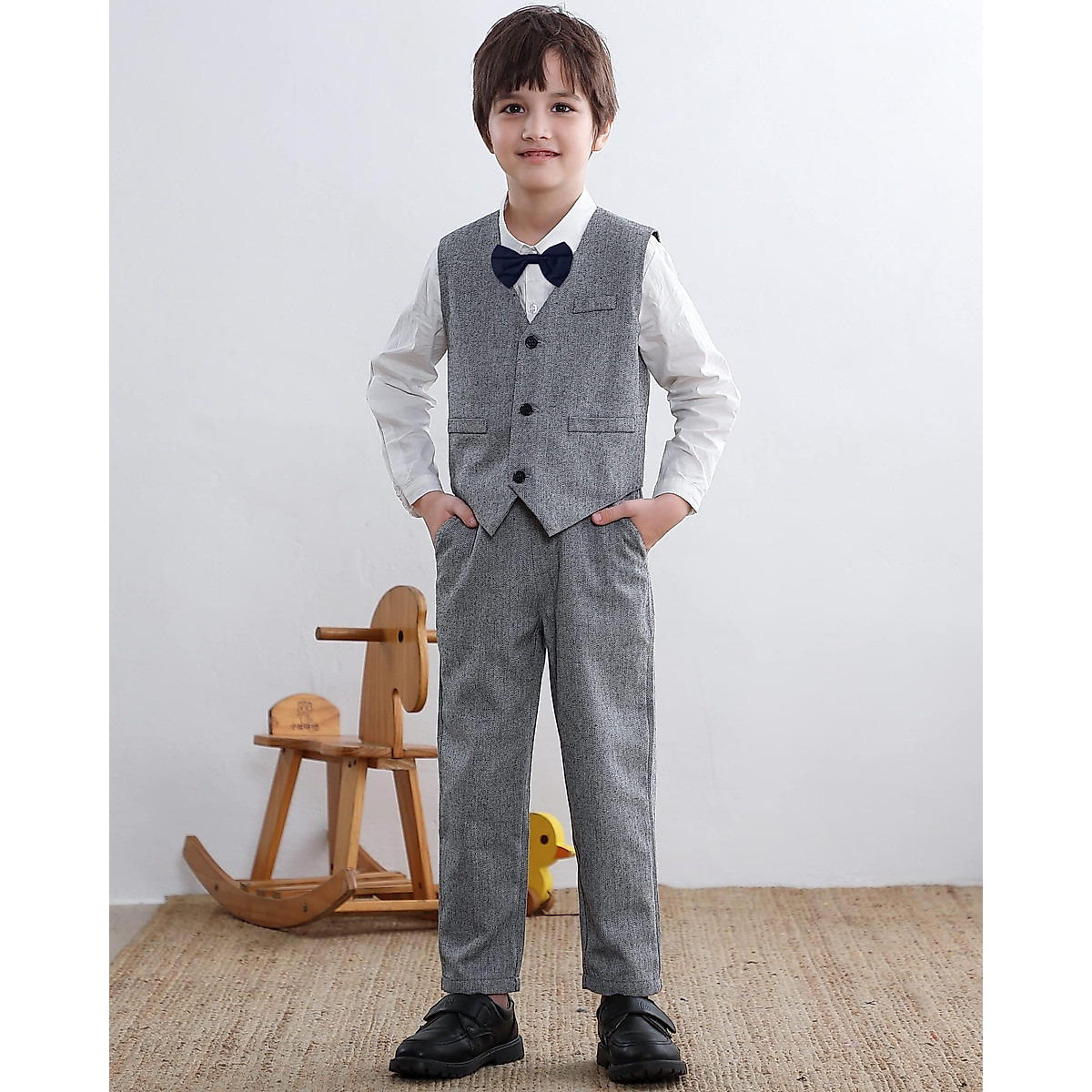 SANGTREE Boys Tuxedo Outfits Suits, Button-Up Formal White Bow Tie Shirt + Vest + Suspender Pants Wedding Party Clothes Set, Grey Claws, 12-18 Months = Tag 80