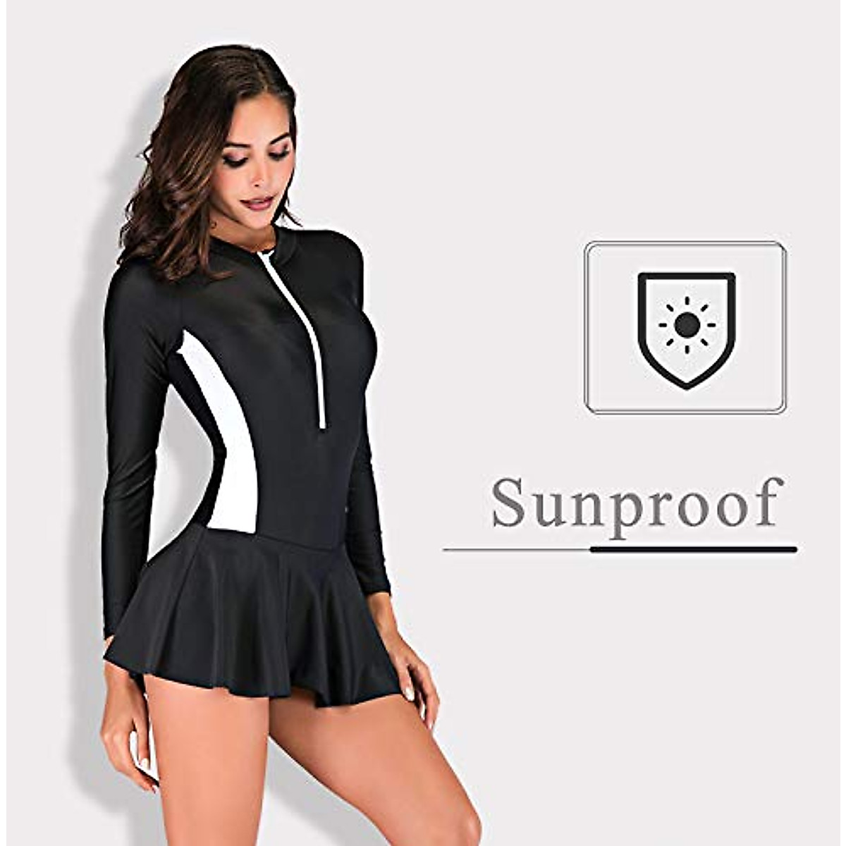 TeeYee Women Girls Swimsuit One Piece Long Sleeve Monokini Diving Swimwear Padded with Ruched Falbala Skirt UV-Protective (M, Black)