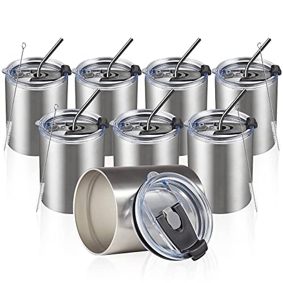 MEWAY 12oz/8Pack Coffee Mug With Lid, Insulated Stainless Steel Reusable Coffee Cup, Double Wall Durable Coffee Mug, Powder Coate，For Coffee, Beer, Home, Office(Silver,8 Pack)