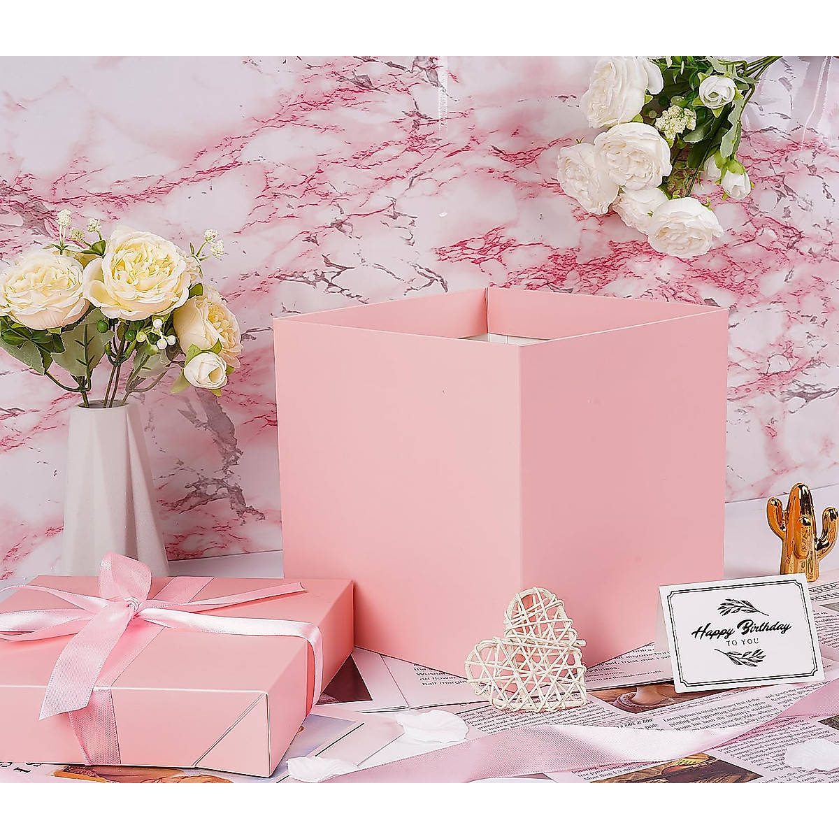 Jaywayang Medium Pink Gift Box with Lids, Ribbon and Tissue Paper, Collapsible, for Birthday, Wedding, Anniversaries, Mother's Day, 8.7x8.7x8.7 Inches