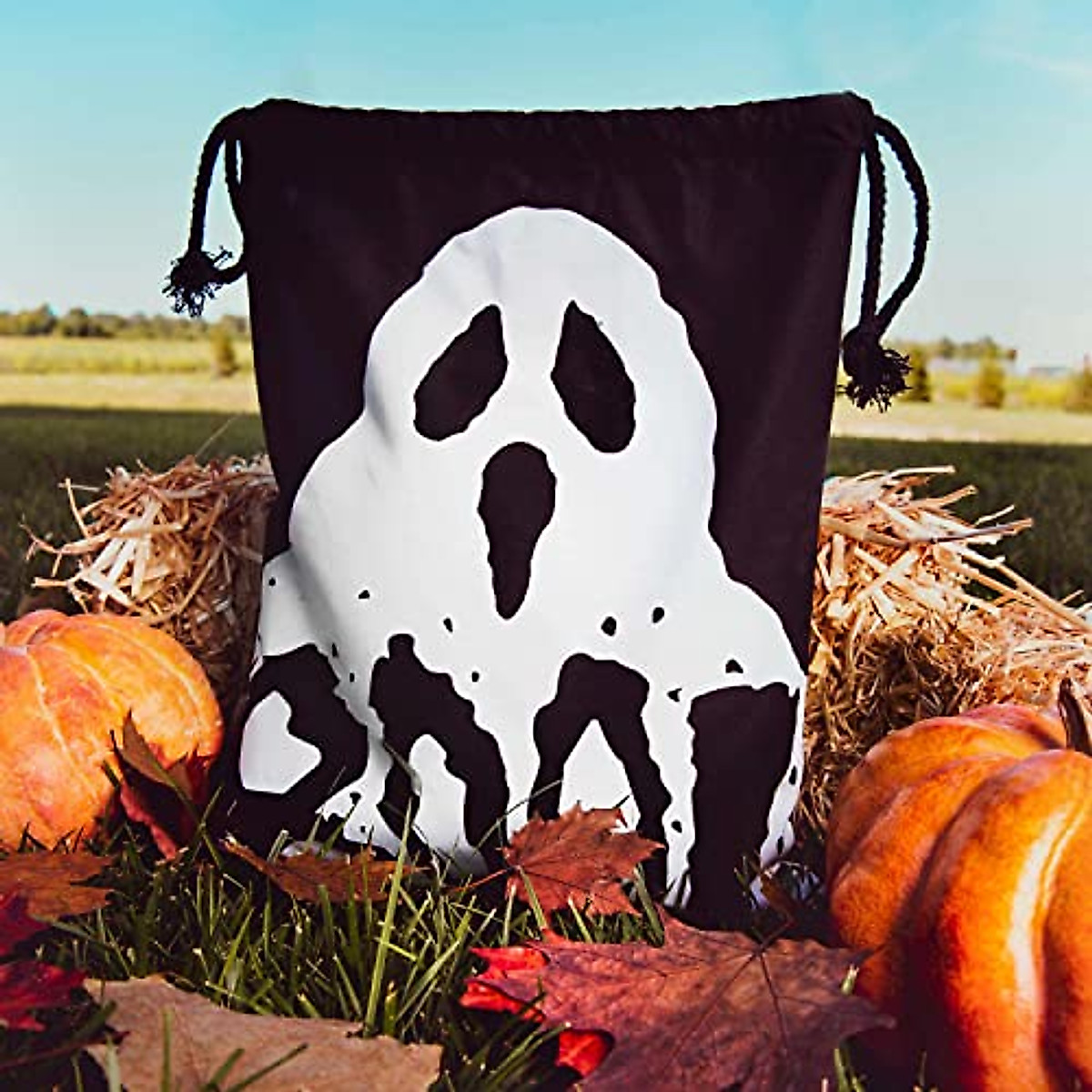 Halloween Trick or Treat Candy Bag | Washable Canvas Tote Bag | Drawstring Bag for Halloween Candy | Ghost