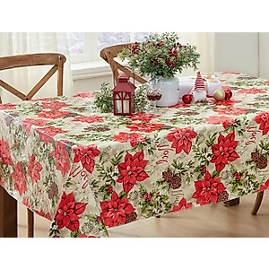 Newbridge Majestic Winter Poinsettia Festive Floral Christmas Print Vinyl Flannel Backed Tablecloth, Noel and Holly Berry Xmas Easy Care Wipe Clean Tablecloth, 60 Inch x 84 Inch Oblong/Rectangle