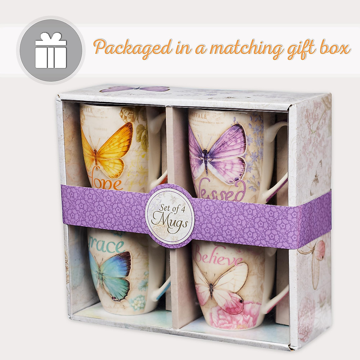 Christian Art Gifts Botanic Butterfly Blessings Coffee/Tea Mug Set w/Scripture Teal Grace Butterfly, Purple Blessed Butterfly, Pink Believe Butterfly, Yellow Hope Butterfly, Microwave/Dishwasher Safe