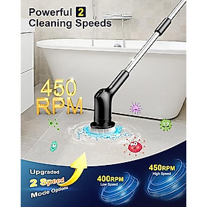 Electric Spin Scrubber, Upgraded Cordless Cleaning Brush, 2 Speeds (Up to 450 RPM), 3 Replaceable Brush Heads, 53inch Adjustable & Detachable Handle - Perfect for Bathroom, Tub, Tile, and Floor